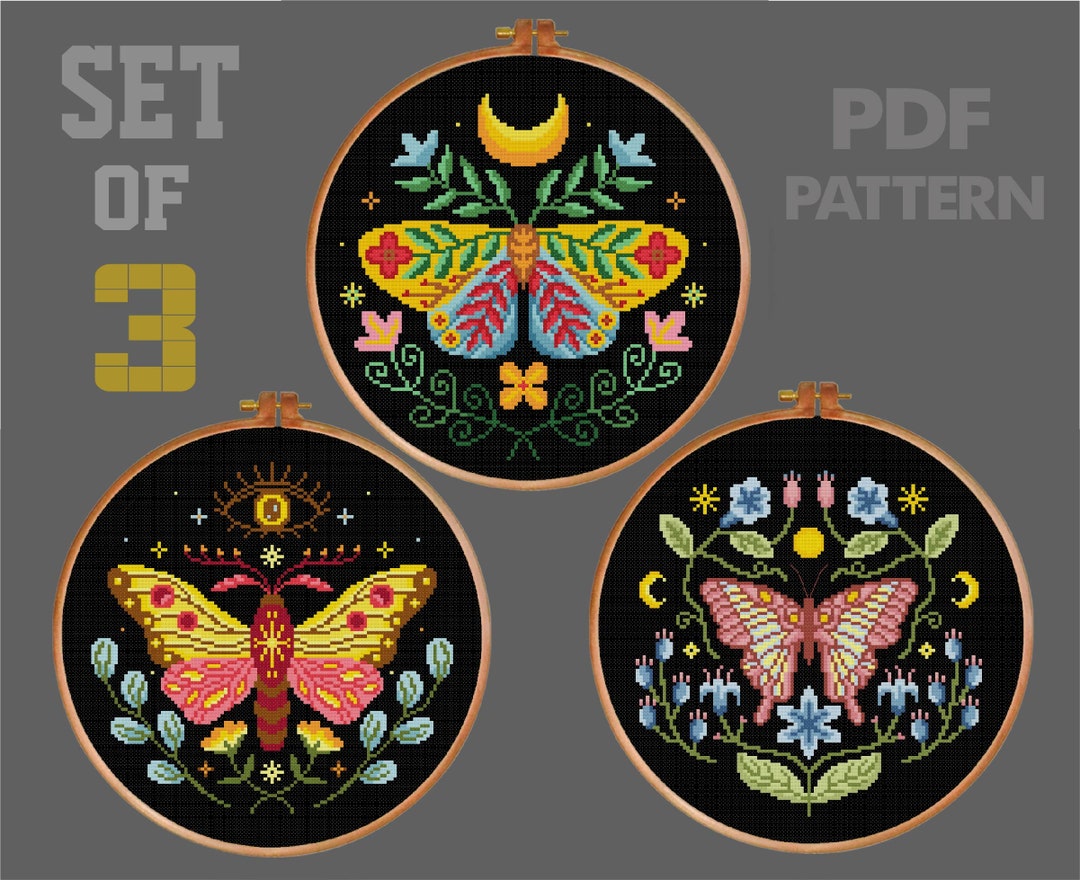 Set of 3 Moth Cross Stitch Gothic Moth Cross Stitch Pattern Moth Flower ...