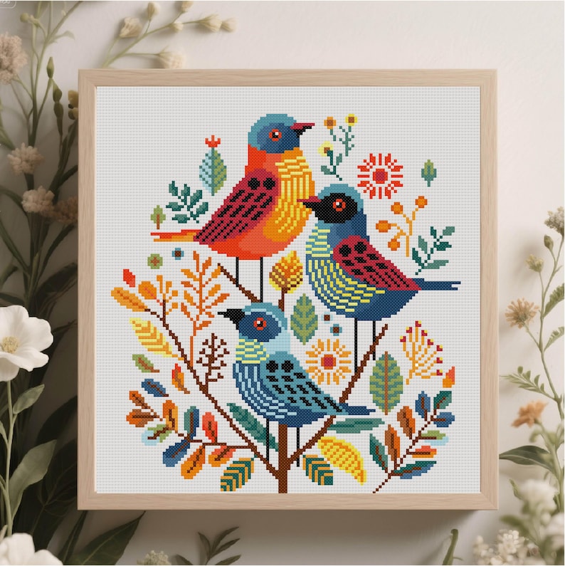 Birds Cross Stitch Pattern Floral Bird Cross Stitch Bird and Leaves ...