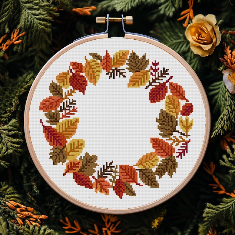 Autumn Wreath Cross Stitch Pattern Fall Cross Stitch Autumn Leaves ...
