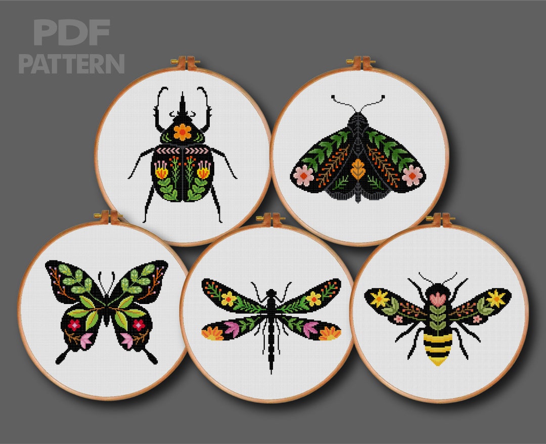 Flower Insects Cross Stitch Set Flower Moth Cross Stitch Stag Beetle ...