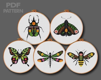 Insects Flower Cross Stitch Bundle Moth Cross Stitch Pattern Insects ...