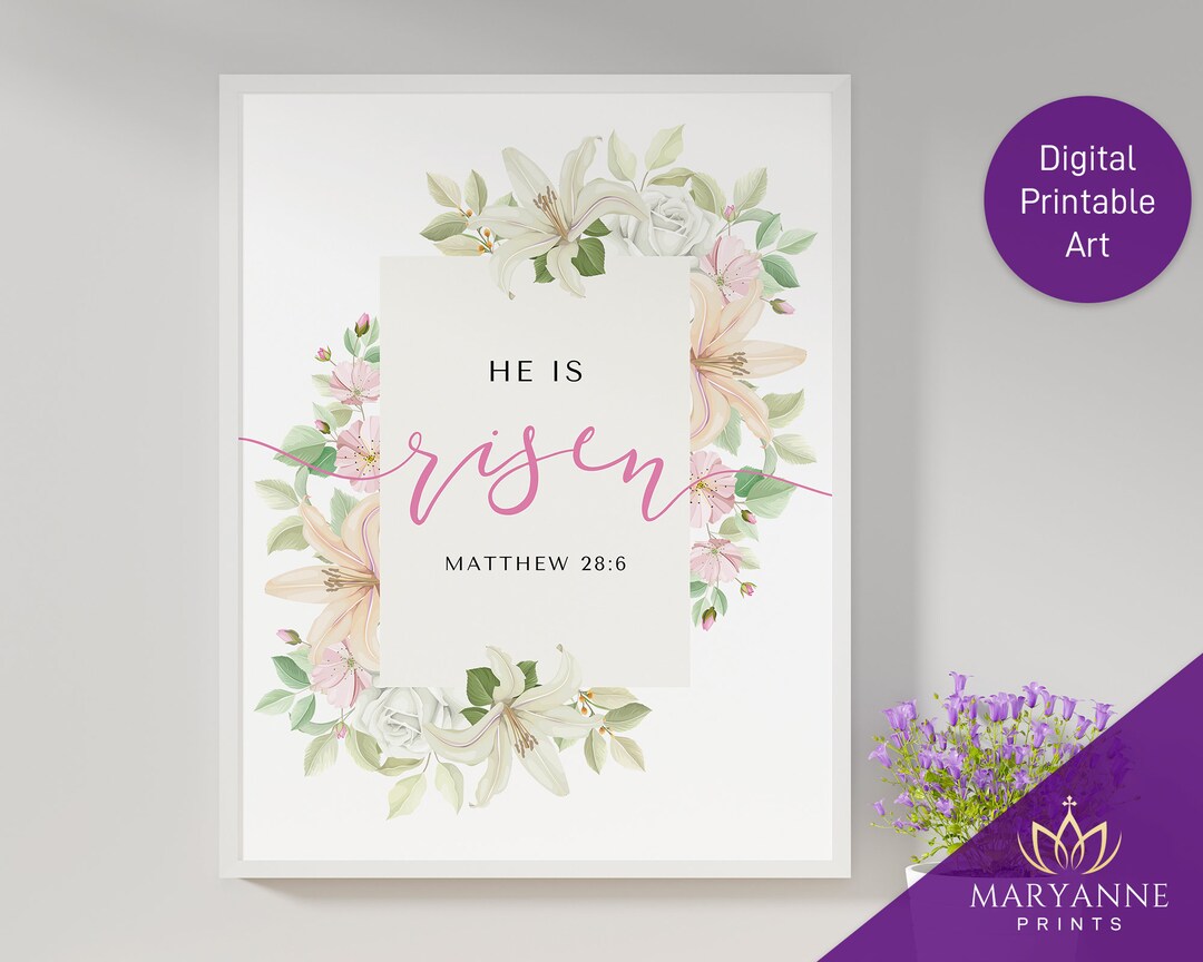 Easter Bible Verse, Easter Printable Wall Art, He is Risen, Matthew 28: ...
