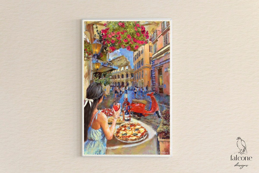 Italian Roman Colosseum Girl Eating Pasta & Pizza Illustration - Street ...
