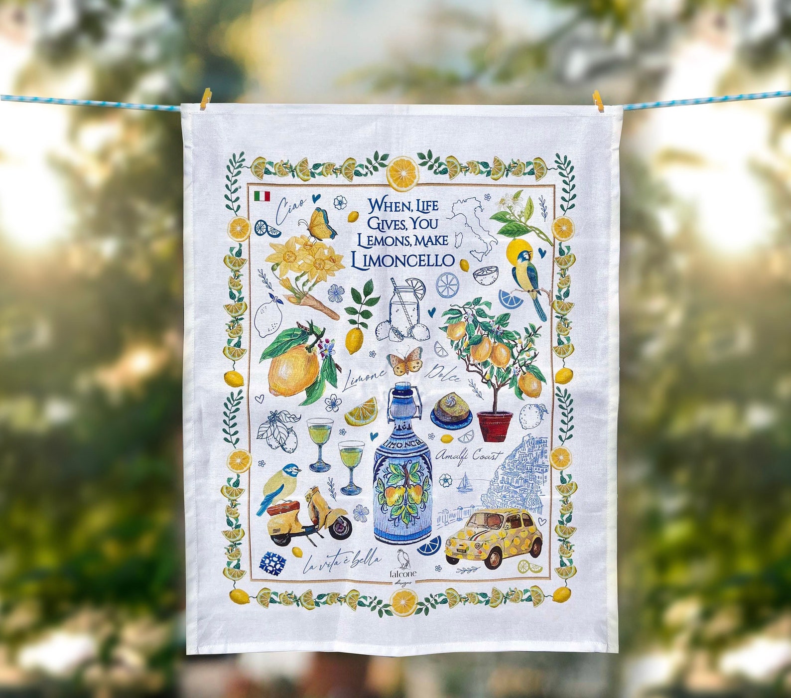 Italian Lemon Tea Towel Limoncello Amalfi Coast Illustrated Multi ...