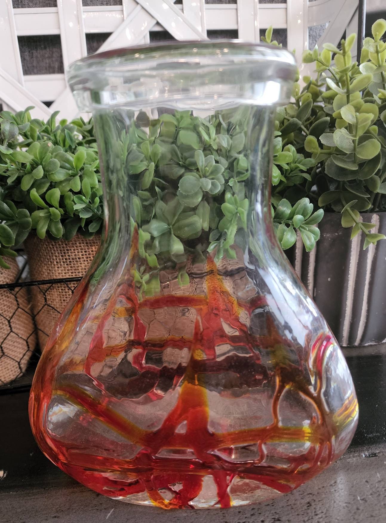 Hand Blown Clear & Fire Glass Vase by Margies Garden, Vintage Gift ...