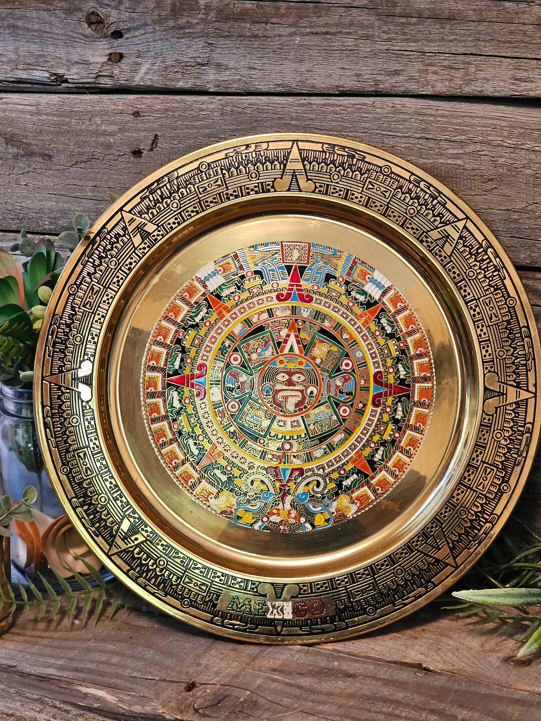 Old Vintage Brass Decorative Tray Mayan Calander Mexico Wall Hanging ...