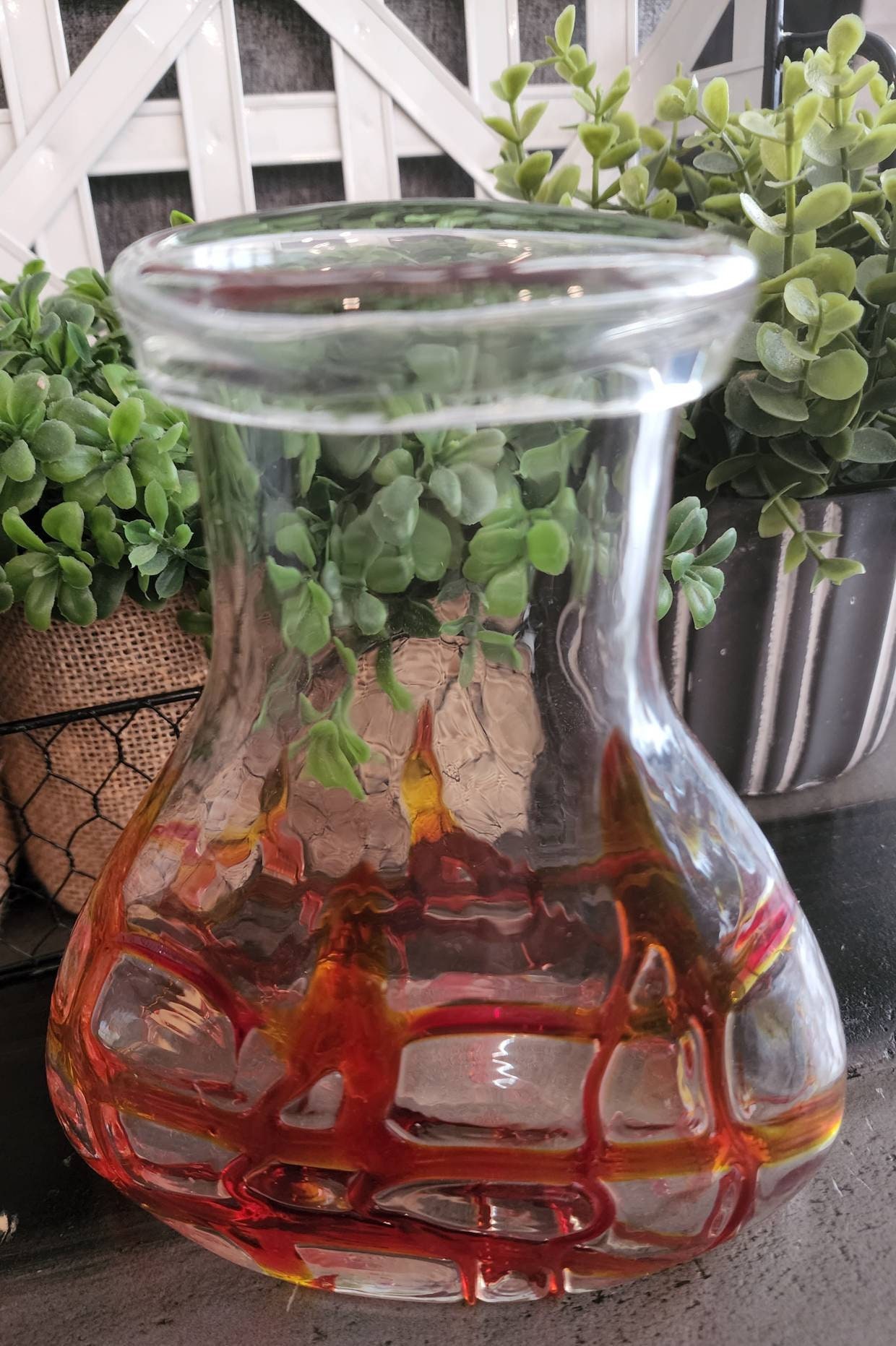 Hand Blown Clear & Fire Glass Vase by Margies Garden, Vintage Gift ...