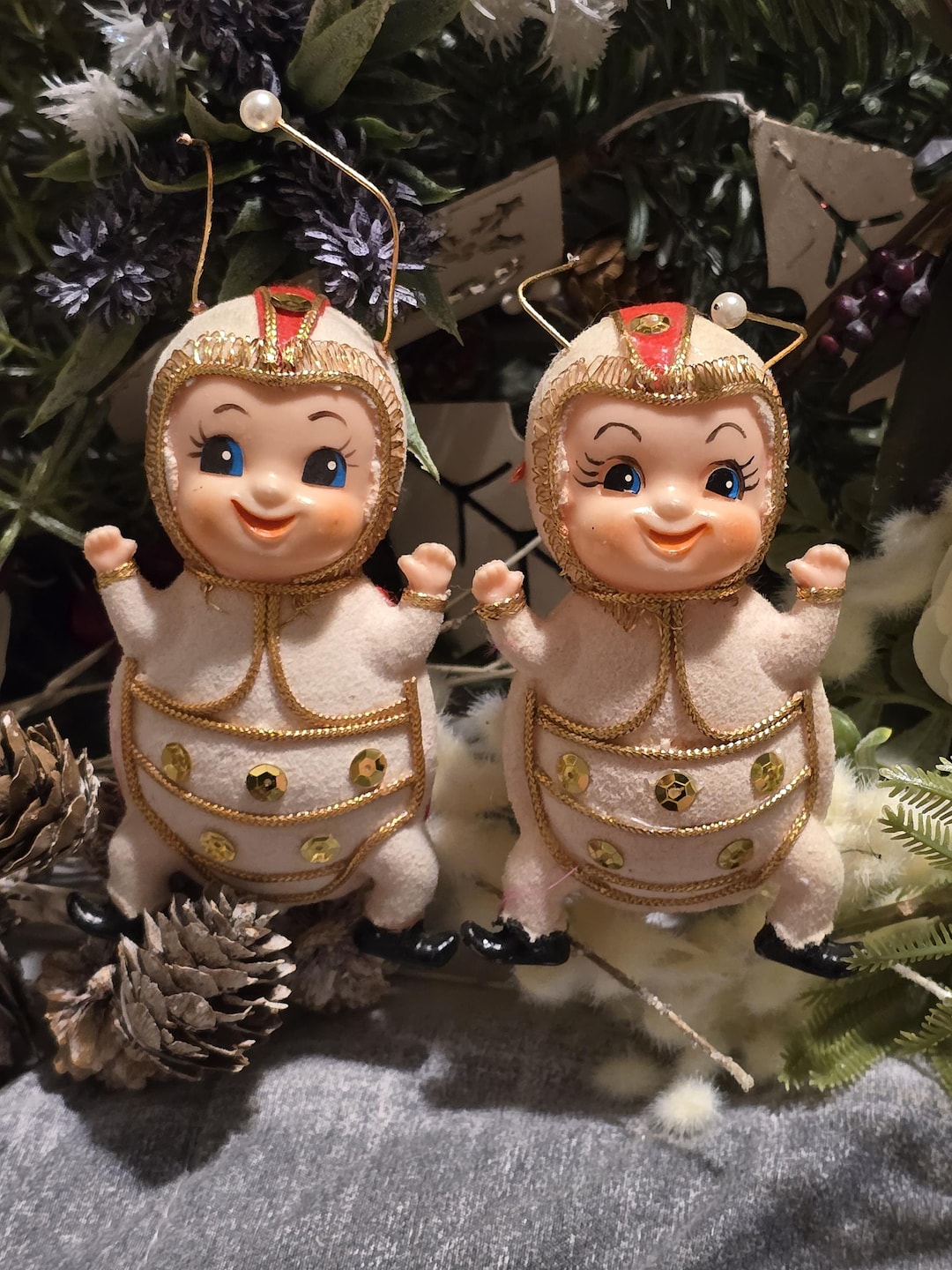 2 RARE Vintage Anthropomorphic Pixie Ladybug Christmas Tree Ornament ...