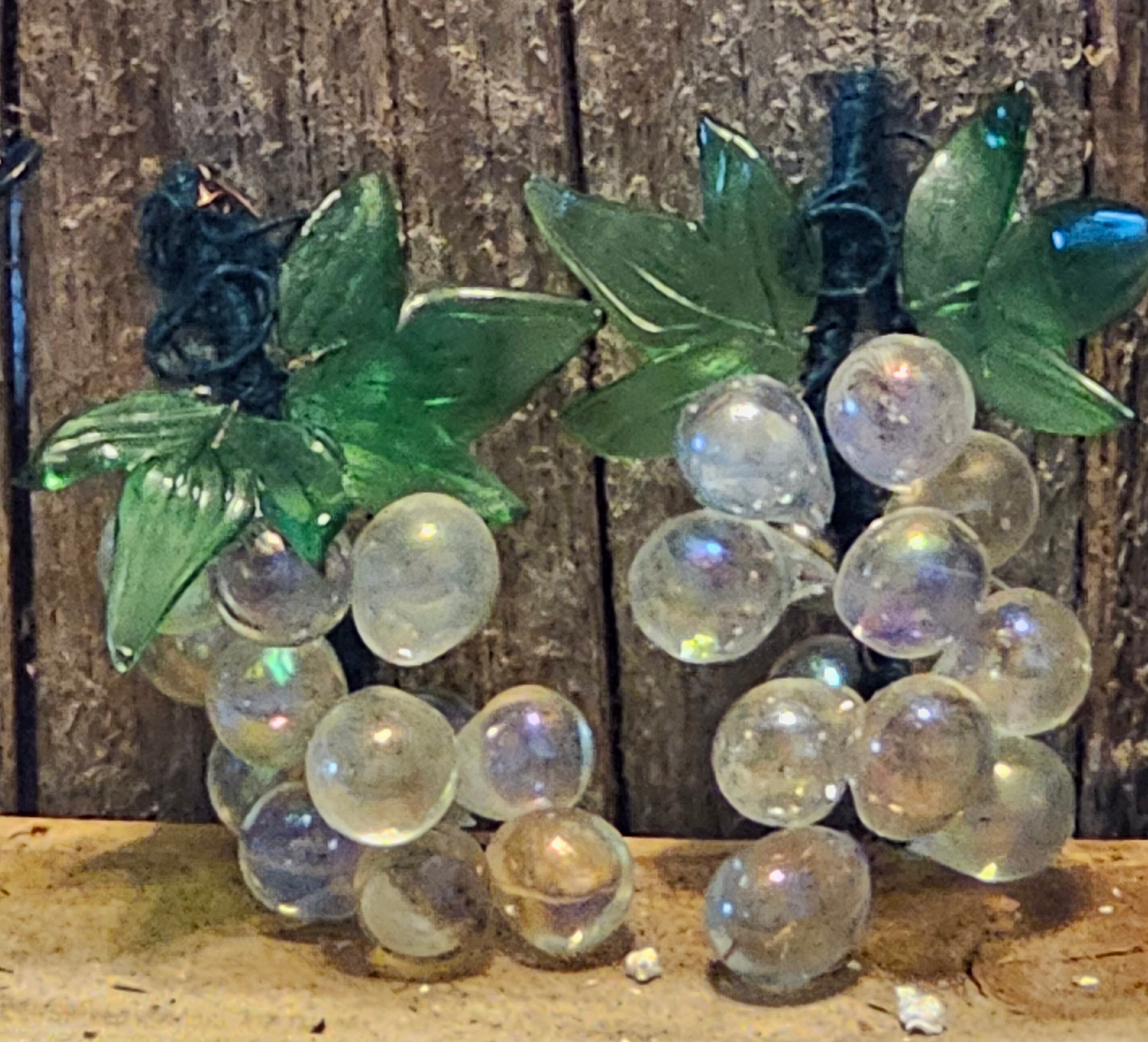 3 Glass Grapes Cluster MCM Vintage Clear Copper Wire Green Glass Leaf ...