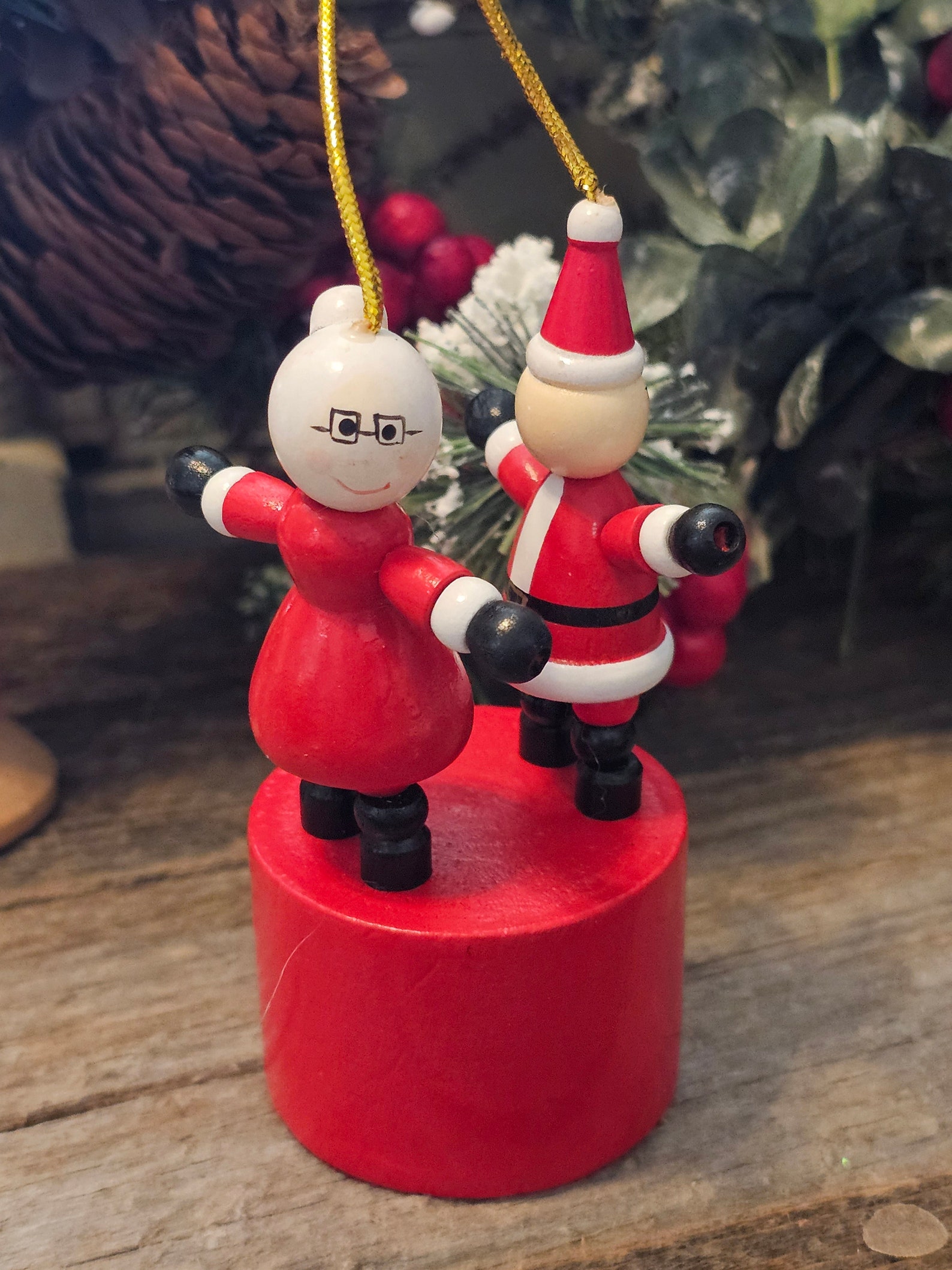 Vintage Wood Push Puppet Toy Christmas Ornament Santa & Mrs. Santa ...