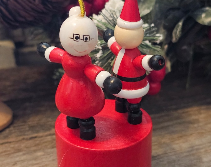 Vintage Wood Push Puppet Toy Christmas Ornament Santa & Mrs. Santa ...