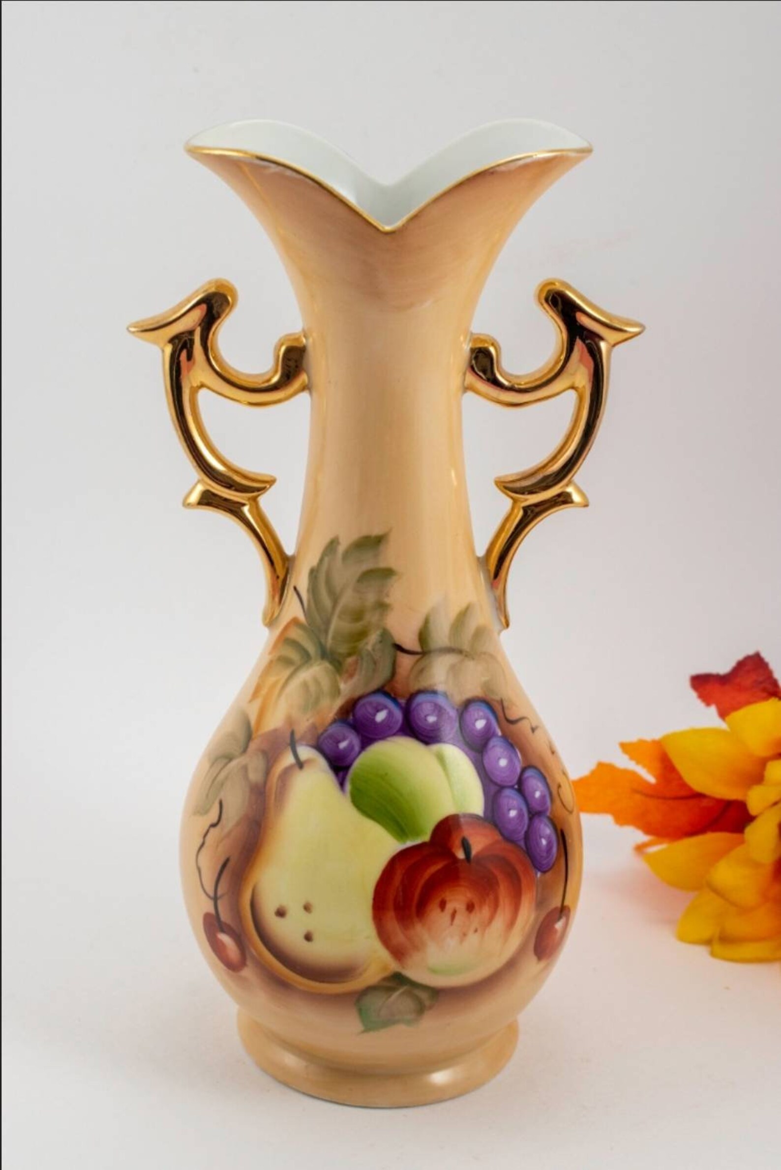 Lefton Brown Heritage Vase With Hand Painted Fruit Double | Etsy