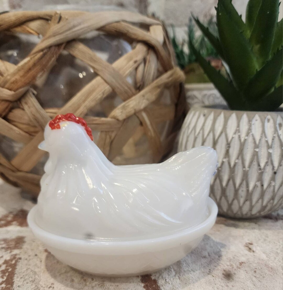 Vintage Hazel Atlas White Opalescent Milk Glass Hen on Basket Covered ...