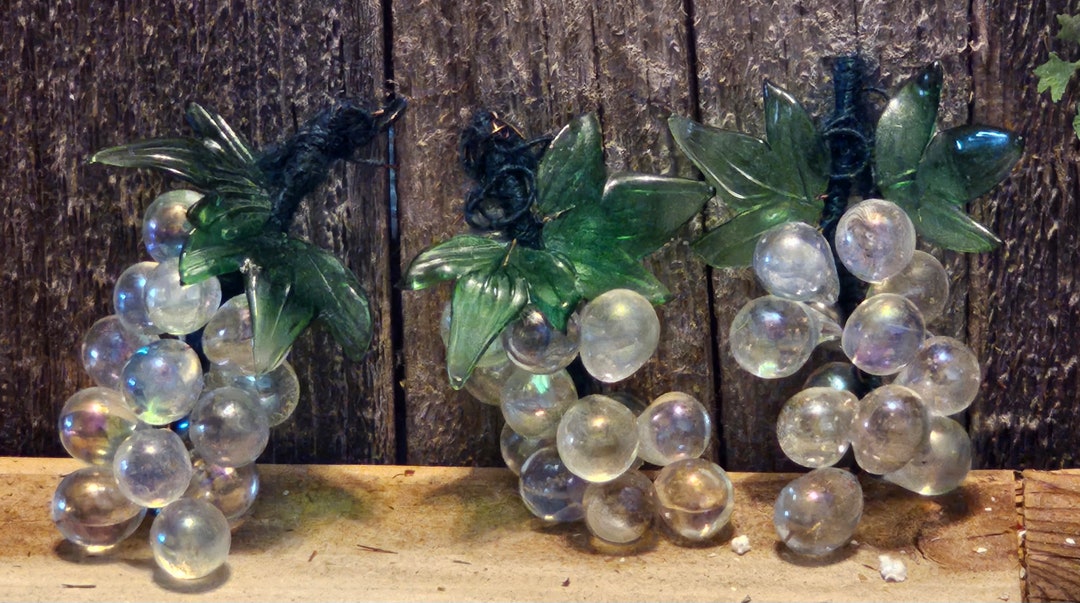 3 Glass Grapes Cluster MCM Vintage Clear Copper Wire Green Glass Leaf ...