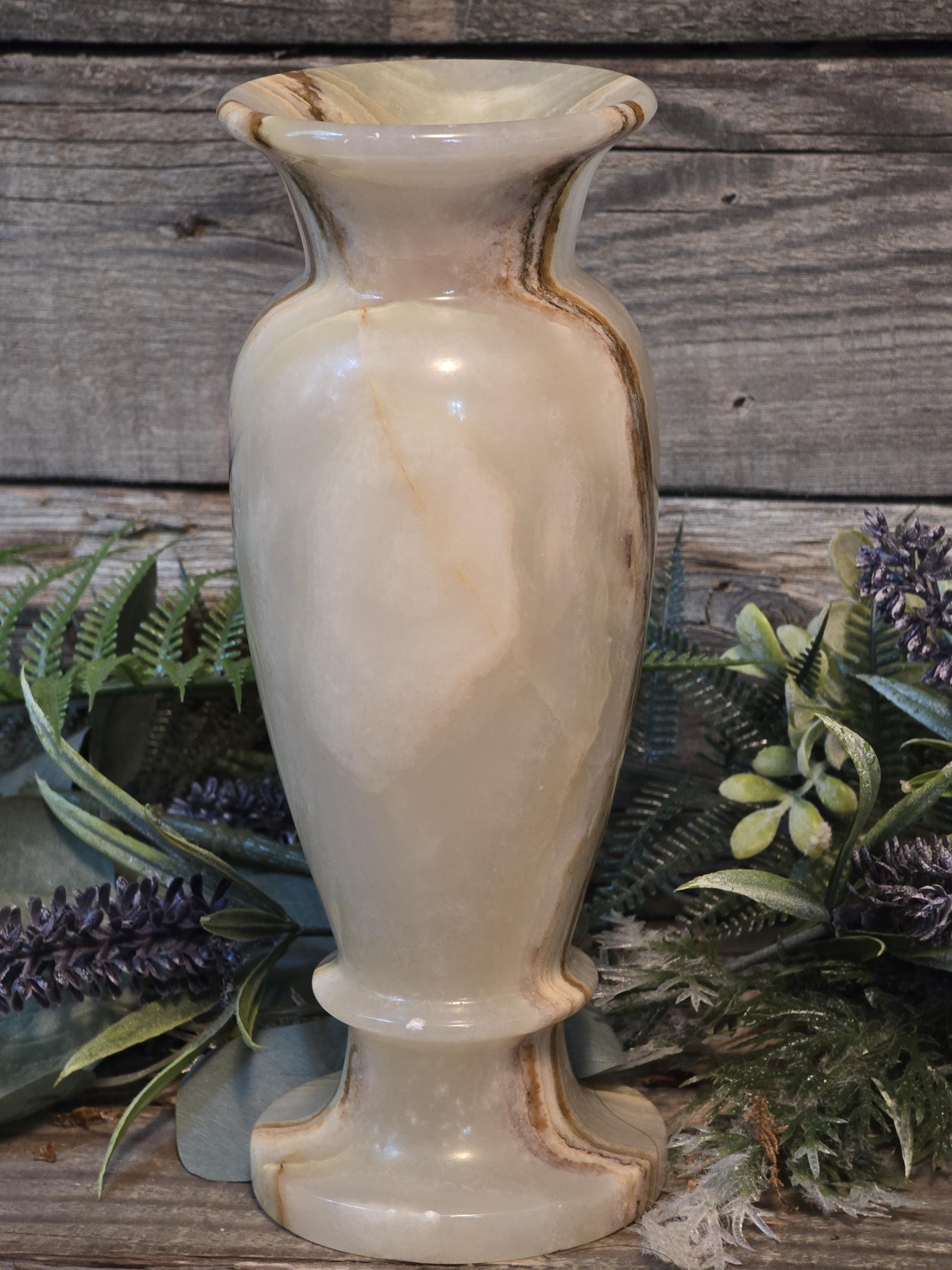Vintage Alabaster Onyx Marble Like Vase Vessel Ivory With White Brown ...