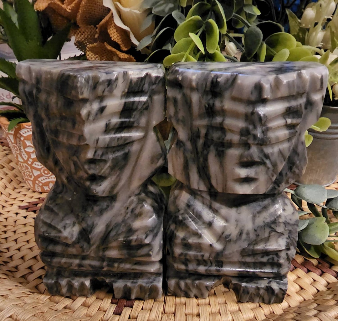 Vintage Mexican Mayan Aztec Tiki Marble Onyx Carved Stone Bookends ...