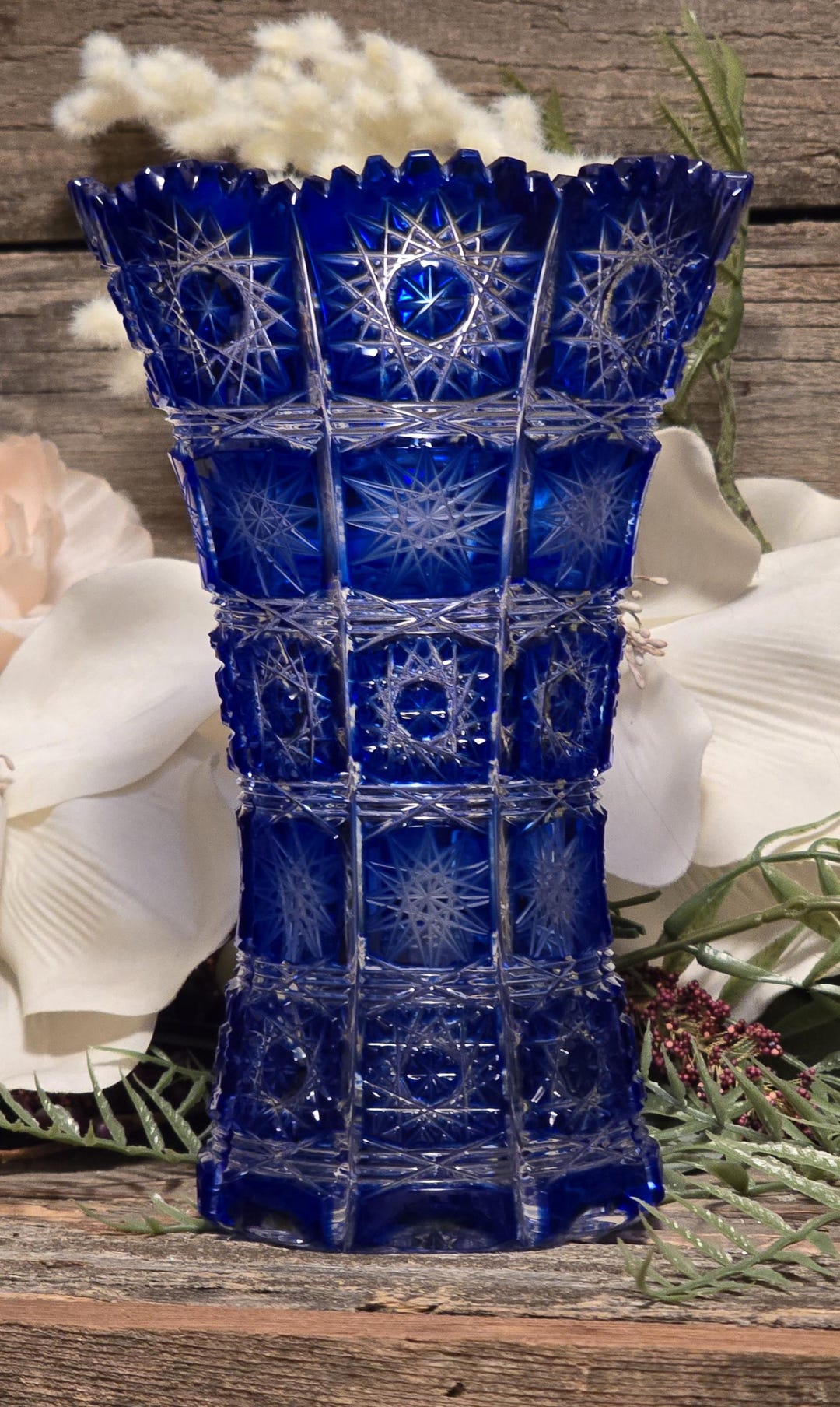 Vintage Bohemian Cobalt Blue Lead Crystal Vase - Pinwheel Star ...