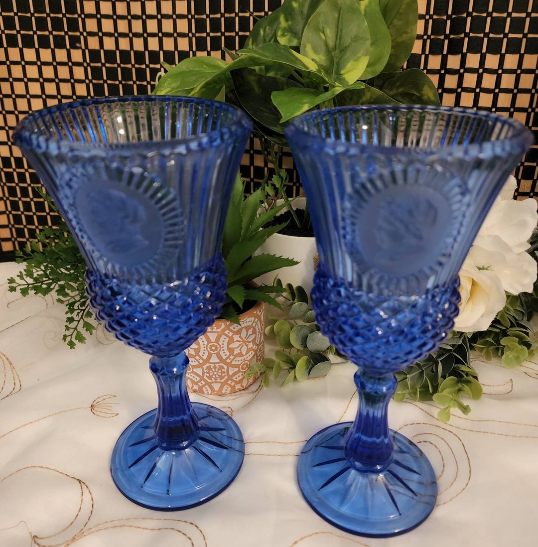 Set of 2 Vintage Avon Fostoria Blue Goblets/wine Glasses With Martha ...