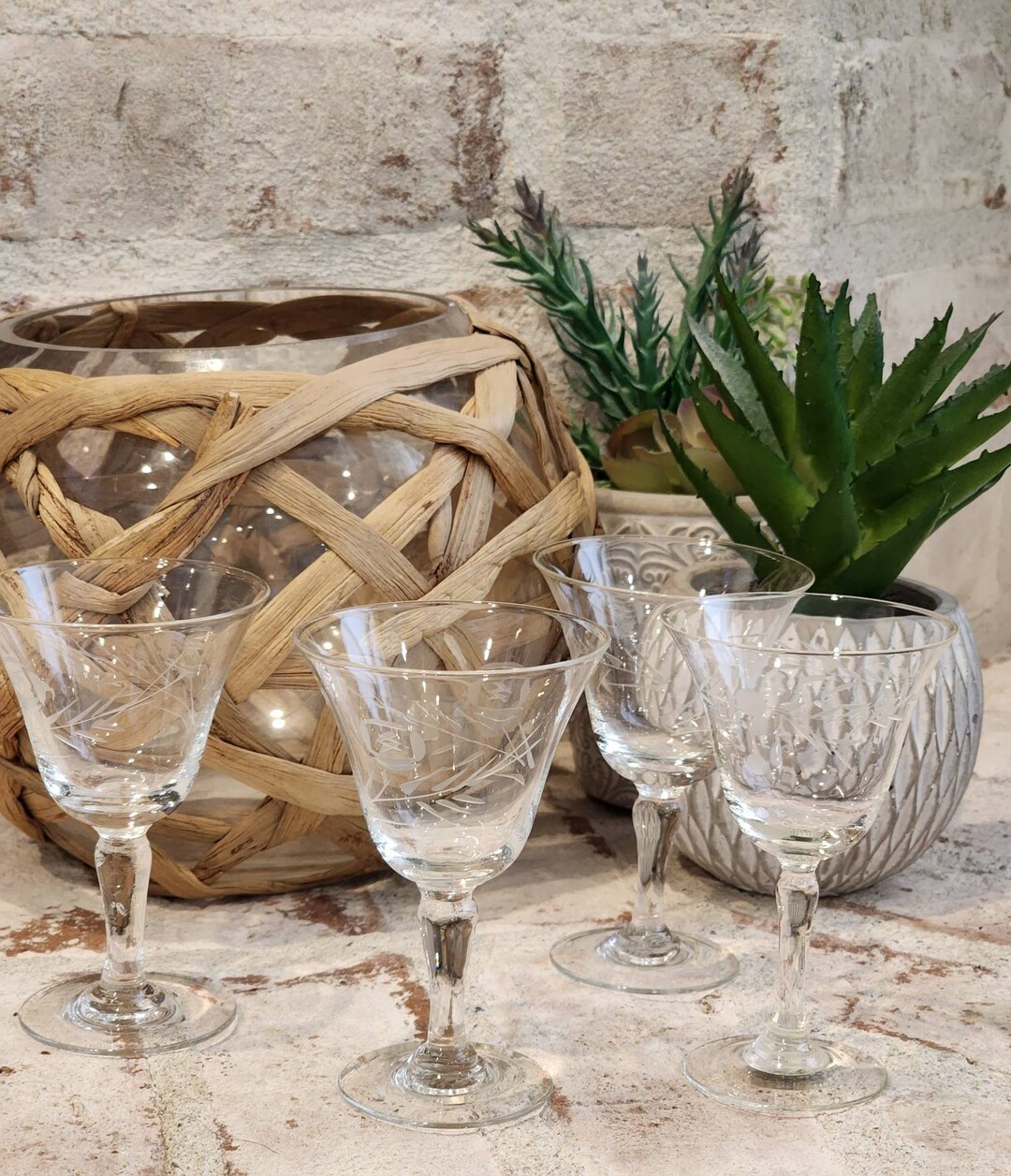 4 Vintage Etched Crystal Wine Glasses, Wales 1960's, Vintage Crystal ...