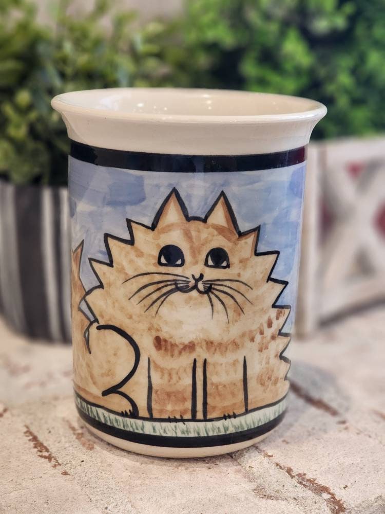 KD Karen Donleavy Whimsical Hand Painted Cat Crock Utensil Holder. - Etsy