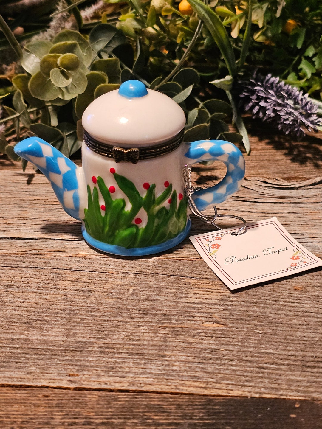 Mini Ceramic Blue & White Teapot Coffee Pot Watering Can Hinged Trinket ...