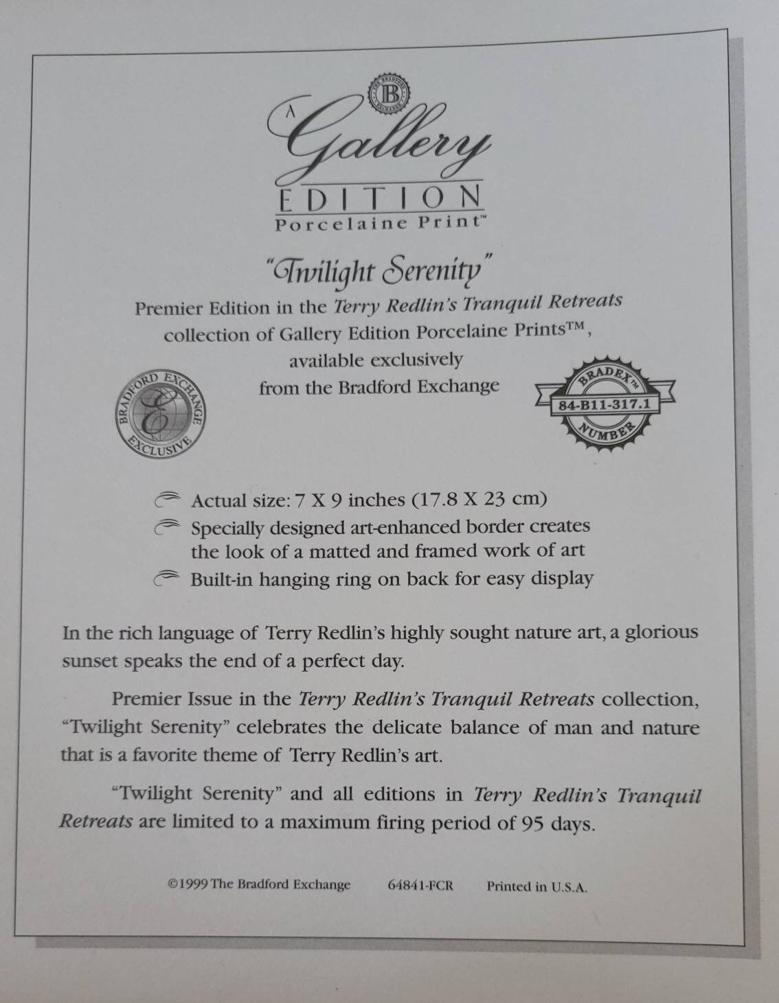 Vintage 1999 Bradford Exchange Terry Redlin twilight Serenity Gallery ...