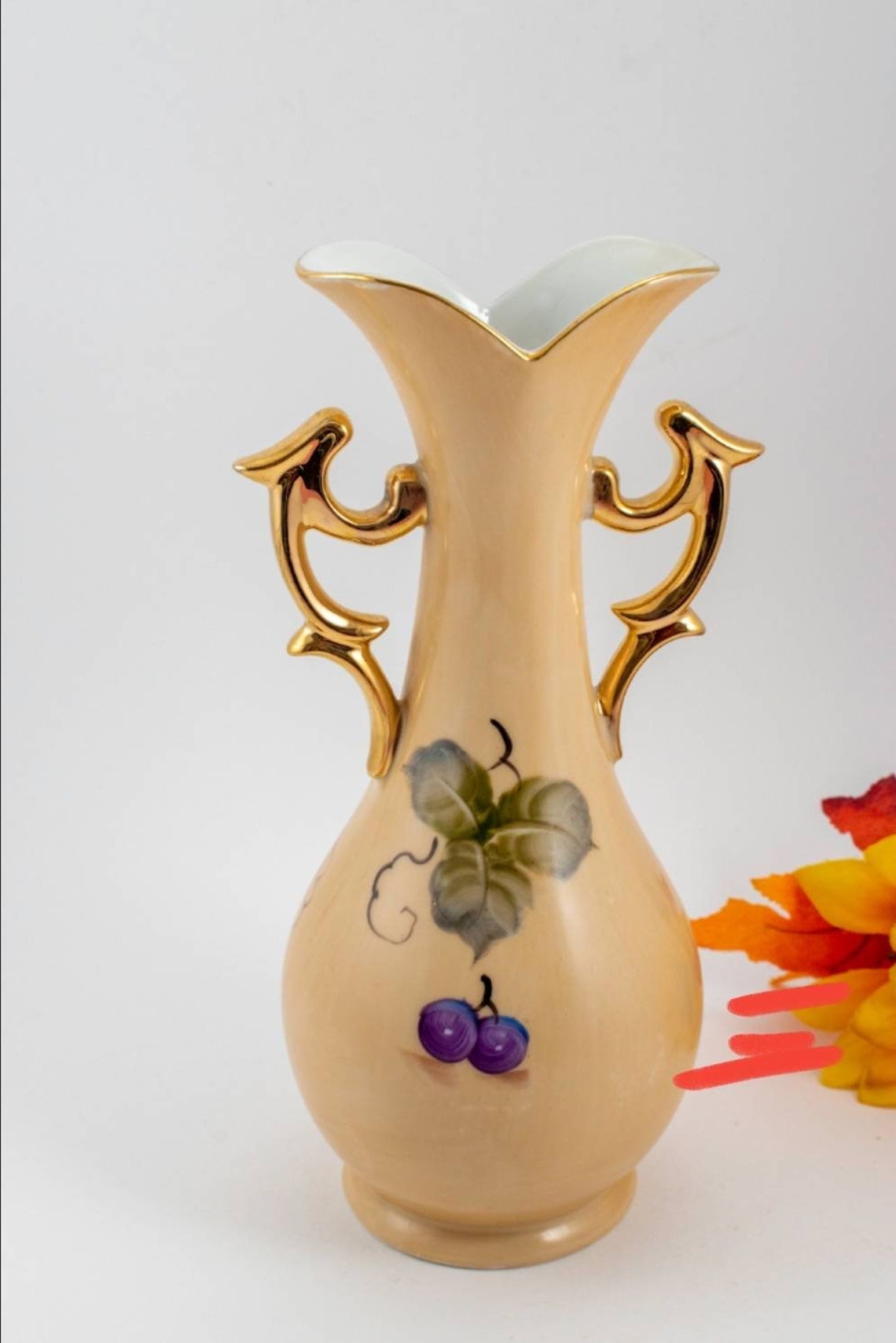 Lefton Brown Heritage Vase With Hand Painted Fruit Double | Etsy