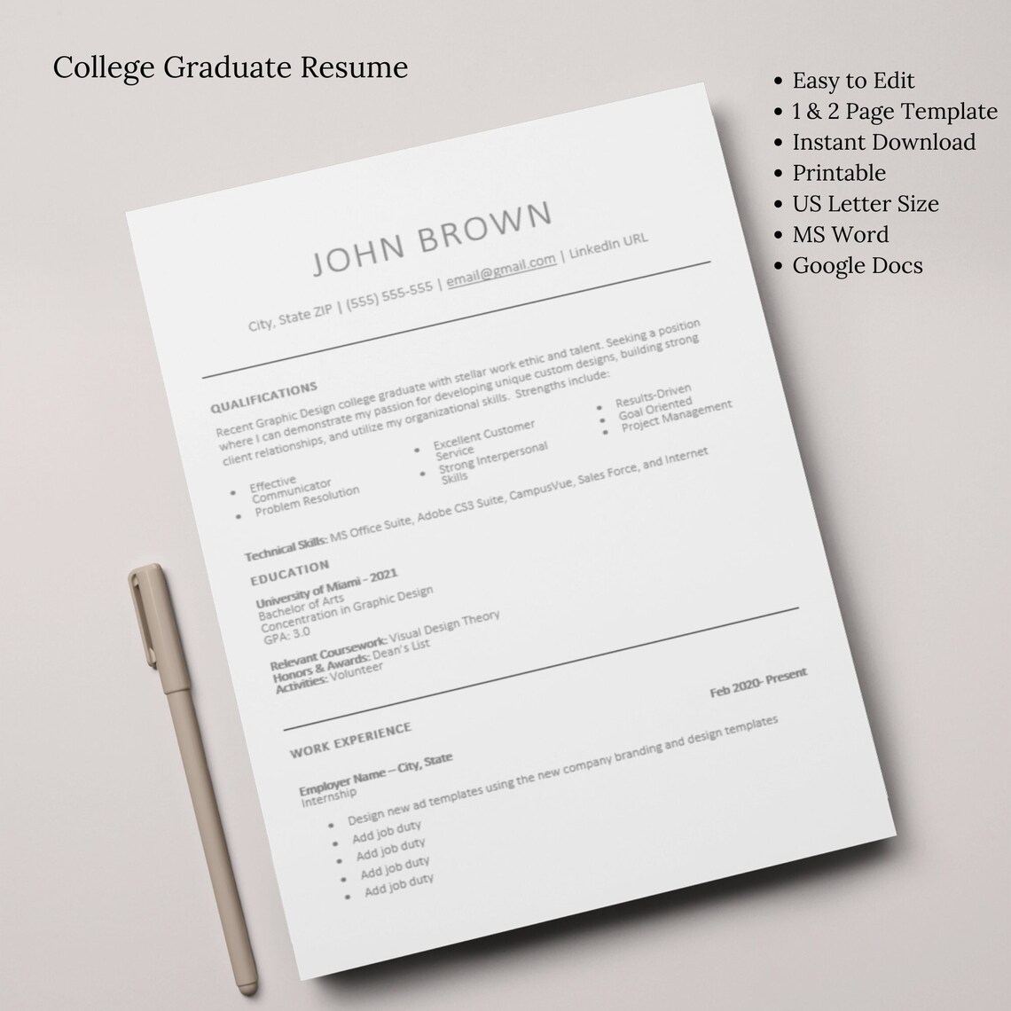 College Graduate Resume Template Student Modern Cover - Etsy