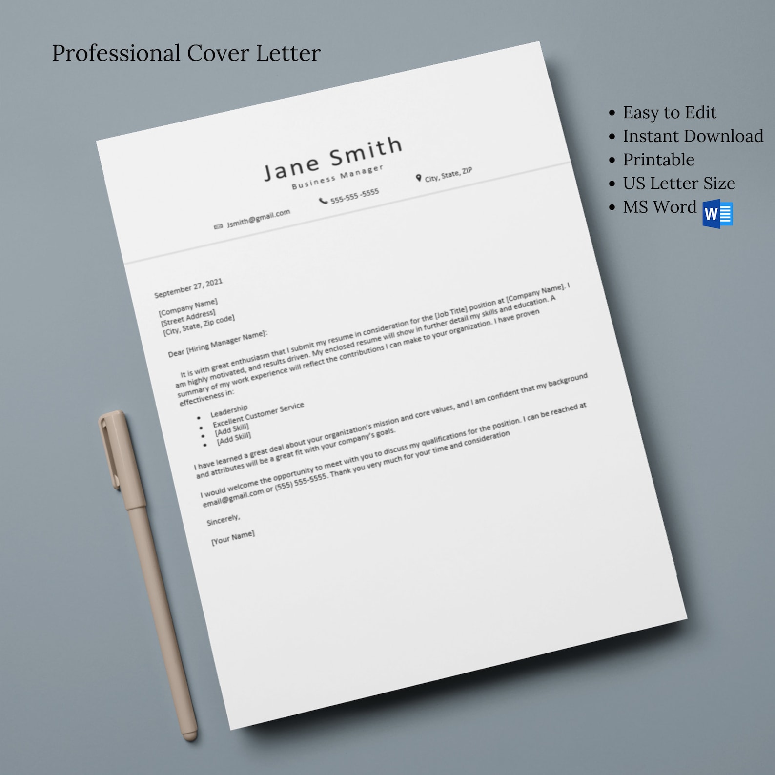 Professional Cover Letter Template- Digital Download, MS Word, Easy to ...