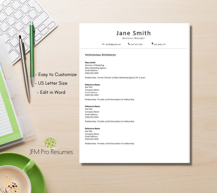 Clean and Professional References Template- Easy to Customize, Instant ...