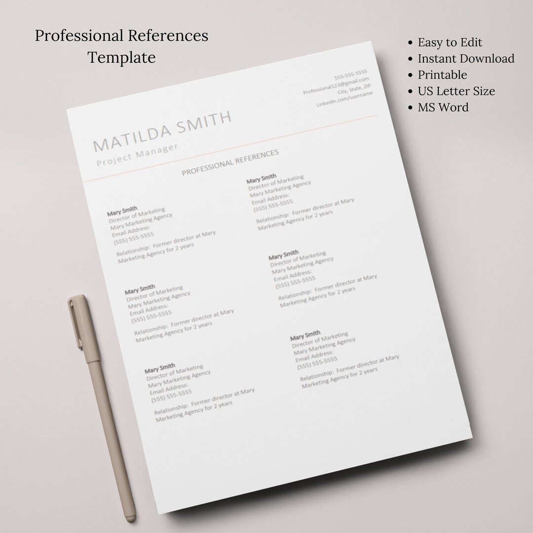Clean and Professional References Template- Easy to Customize, Instant ...