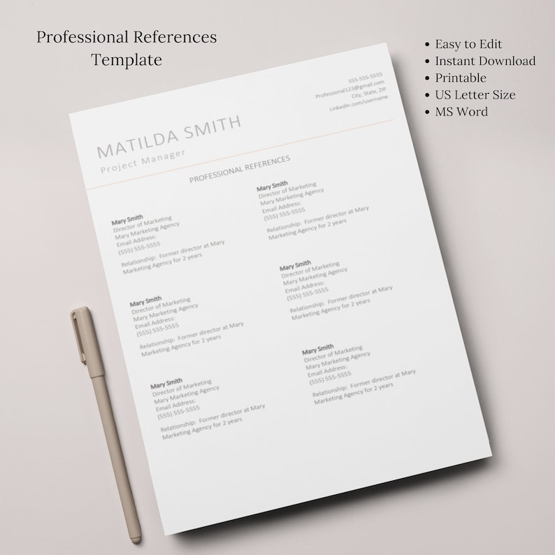 Clean and Professional References Template- Easy to Customize, Instant ...