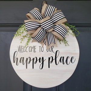 Front Door Hanger | Welcome to Our Happy Place | Whitewashed Door Sign ...