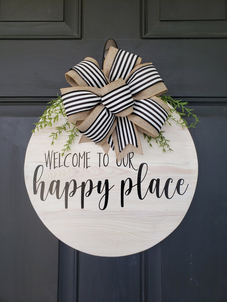 Front Door Hanger | Welcome to Our Happy Place | Whitewashed Door Sign ...