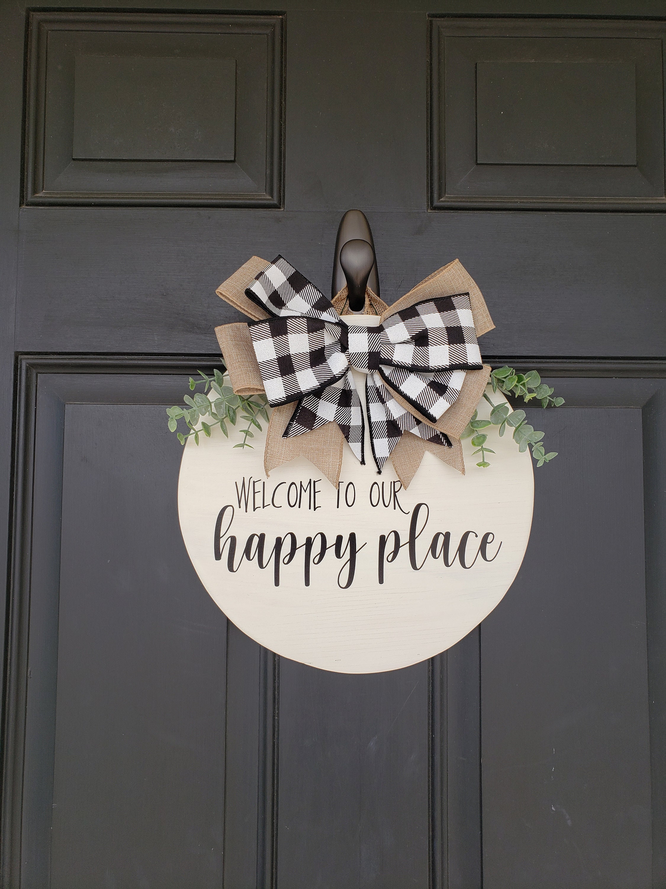 Front Door Hanger | Welcome to Our Happy Place | Whitewashed Door Sign ...