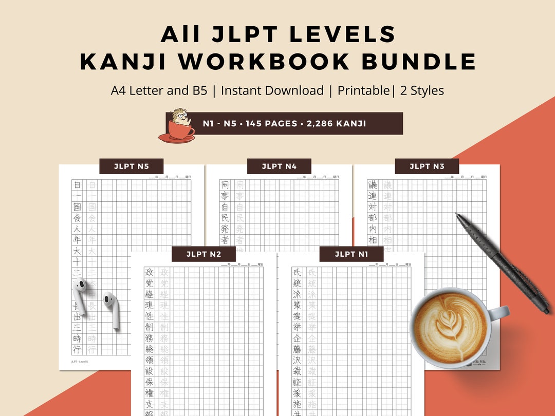 JLPT N1-N5 Kanji Writing Practice Worksheets Bundle (digital Download ...