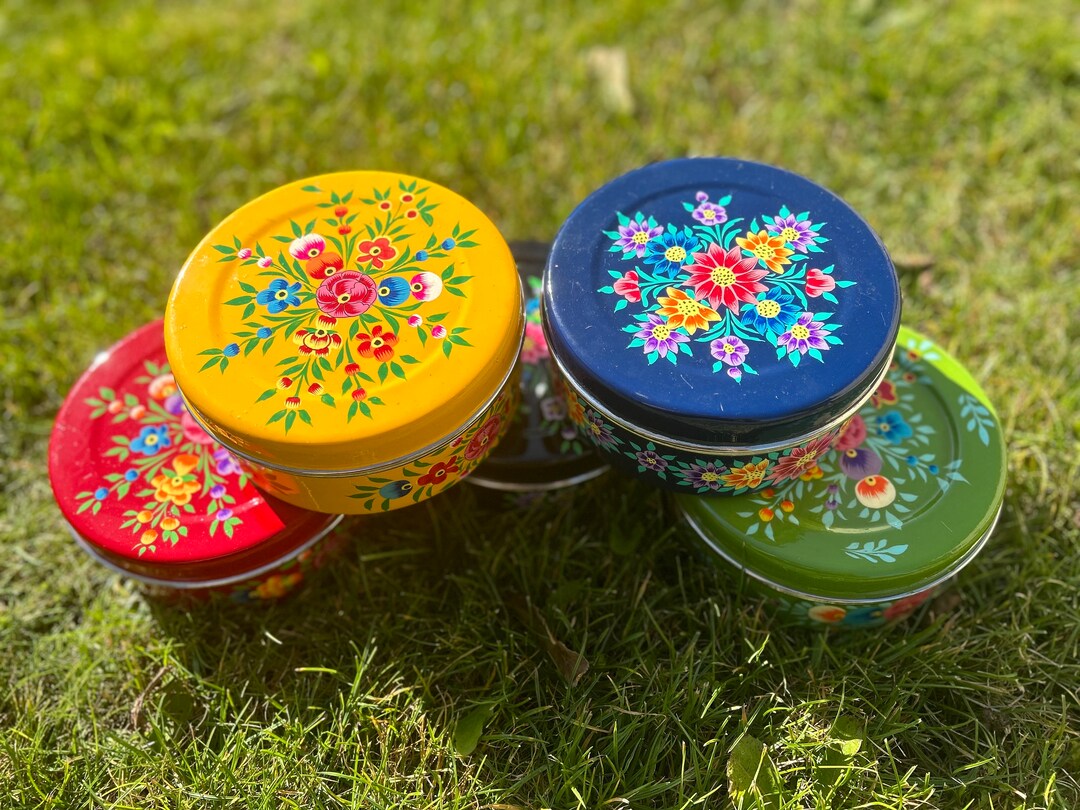 Storage Tins Hand Painted Biscuit Tin Kashmiri Enamel Fair Trade ...