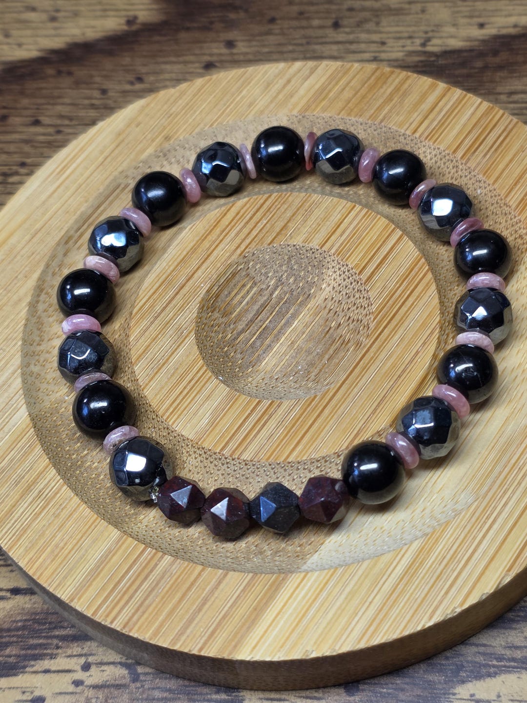 Black Jet Gemstone Bracelet: Rhodochrosite, Jasper, Hematite, Natural ...