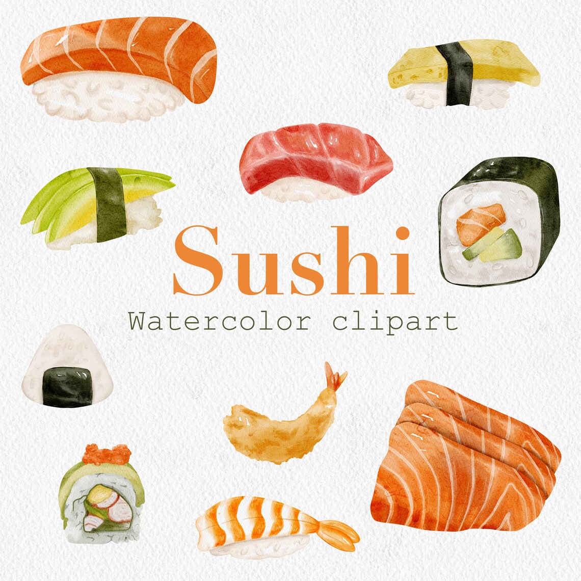 Watercolor Sushi Clipart Set - 16 PNG Images, 300 DPI, Transparent ...