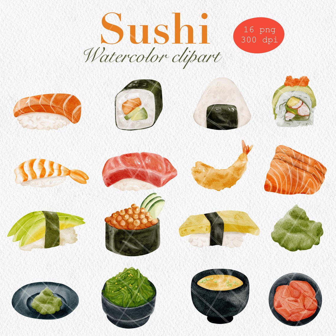 Watercolor Sushi Clipart Set - 16 PNG Images, 300 DPI, Transparent ...