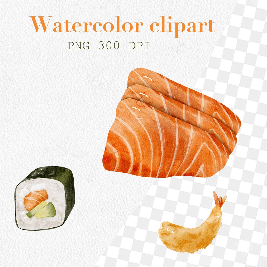 Watercolor Sushi Clipart Set - 16 PNG Images, 300 DPI, Transparent ...