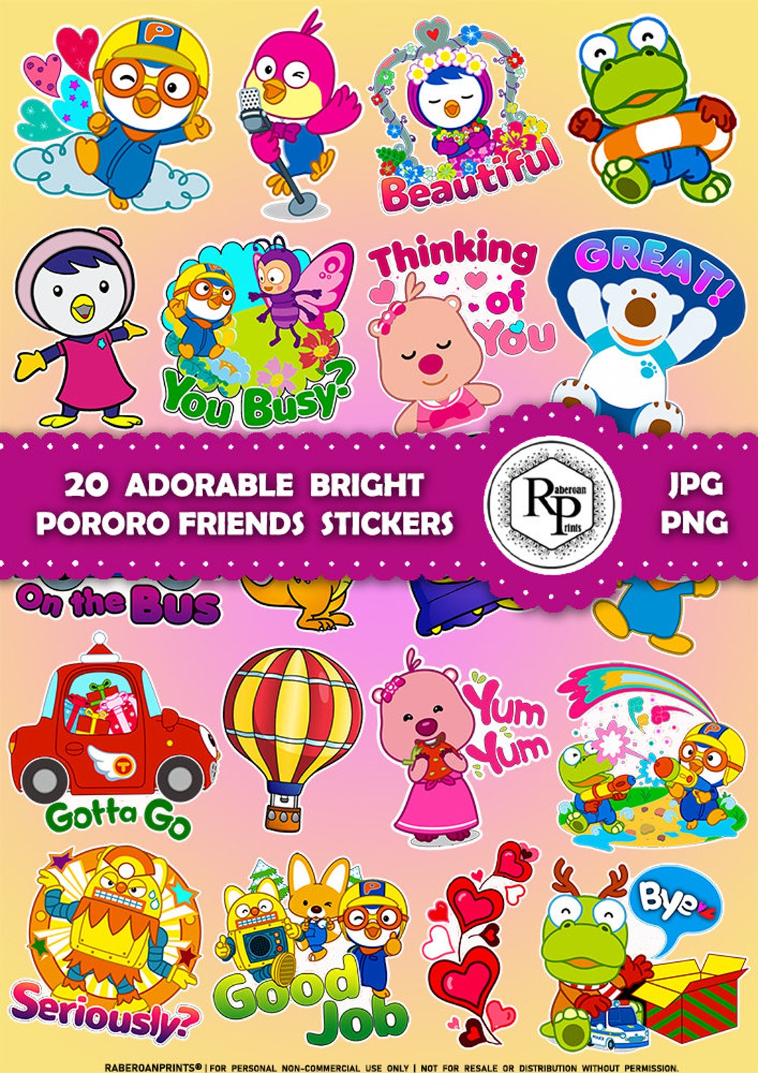 Best Seller ** Vivid Bright Color Pororo Friends ONE (1) Stickers Sheet ...
