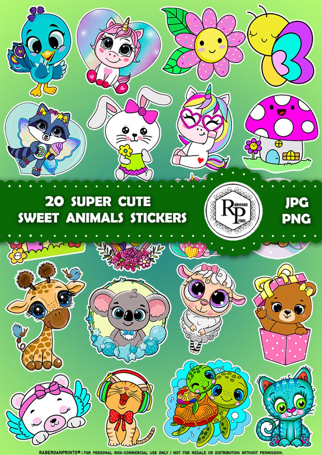 Adorable Sweet Animals ONE (1) Stickers Sheet, Print & Cut - PNG, JPF ...