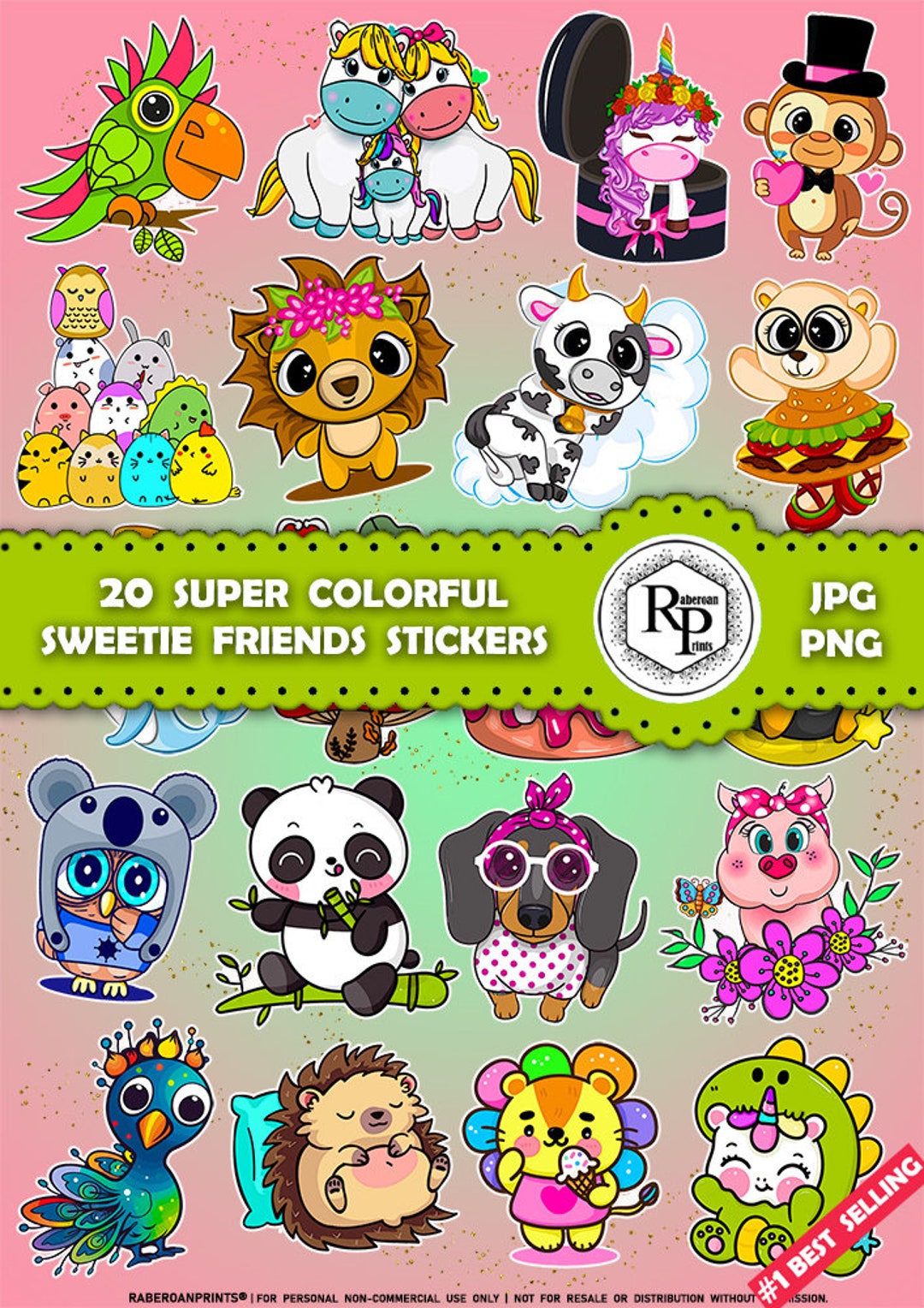 Colorful Sweetie Friends ONE (1) Stickers Sheet PNG/JPG Plus Free Baby ...