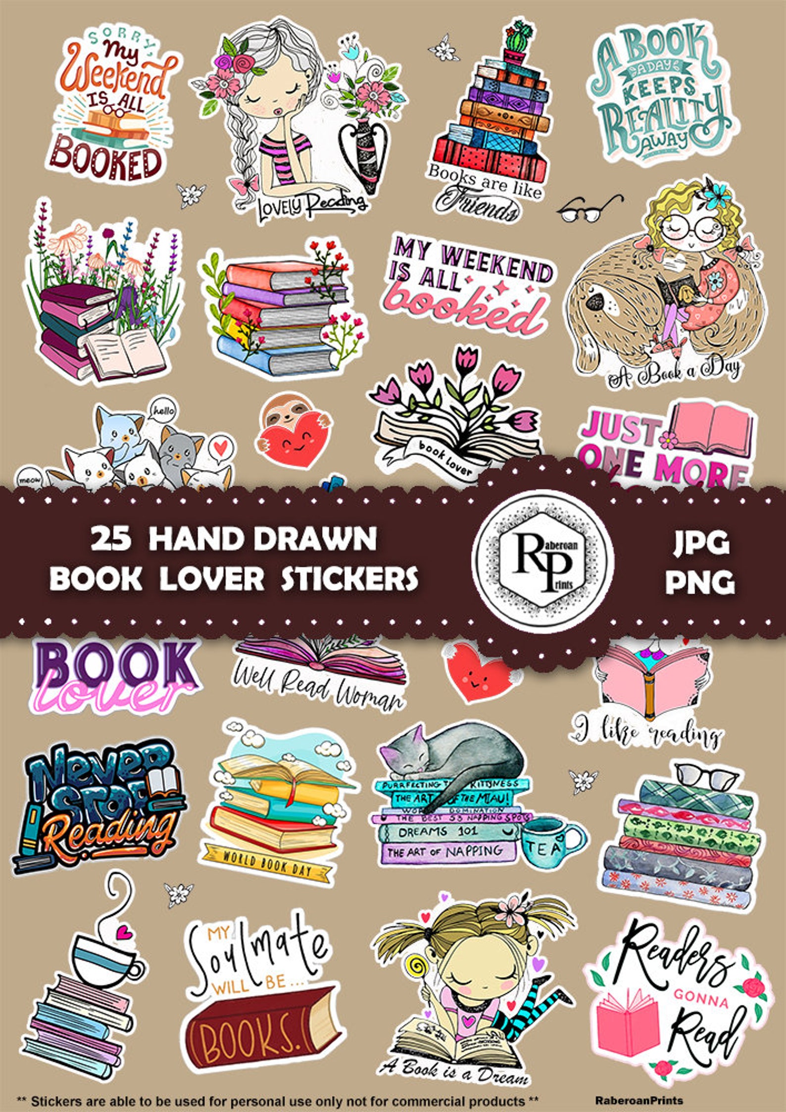 Colorful Book Lover ONE (1) Stickers Sheet, PNG,JPF & Gift Box Template ...