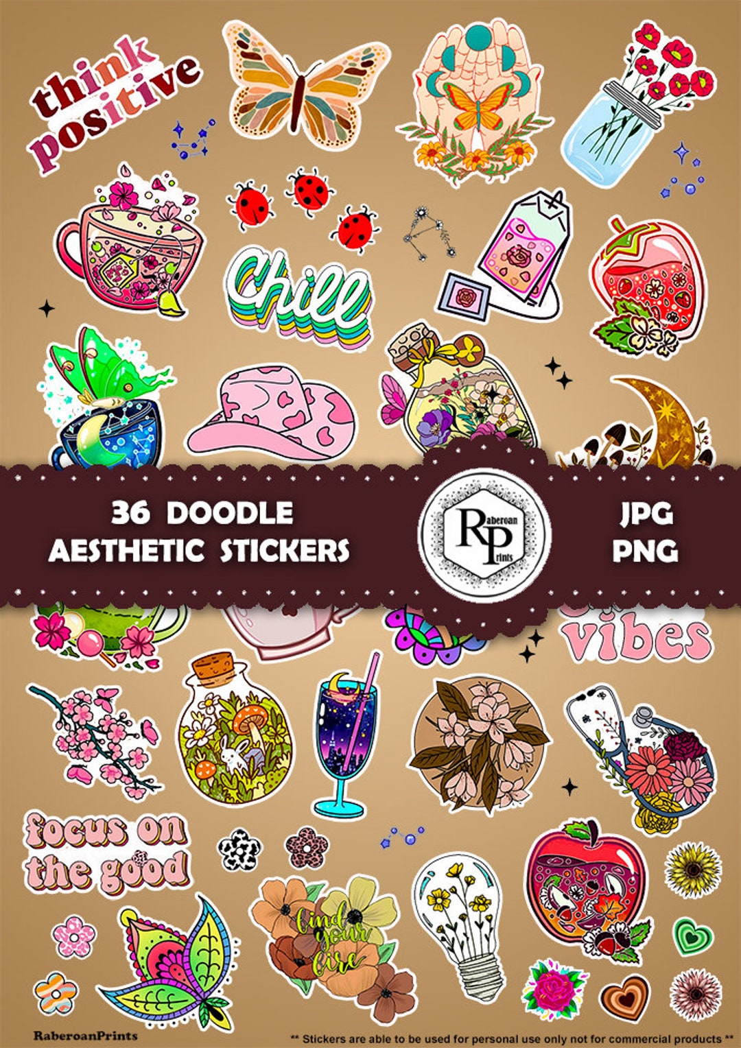 Aesthetic Doodle ONE (1) Stickers Sheet - PNG, JPF Plus Gift Box ...