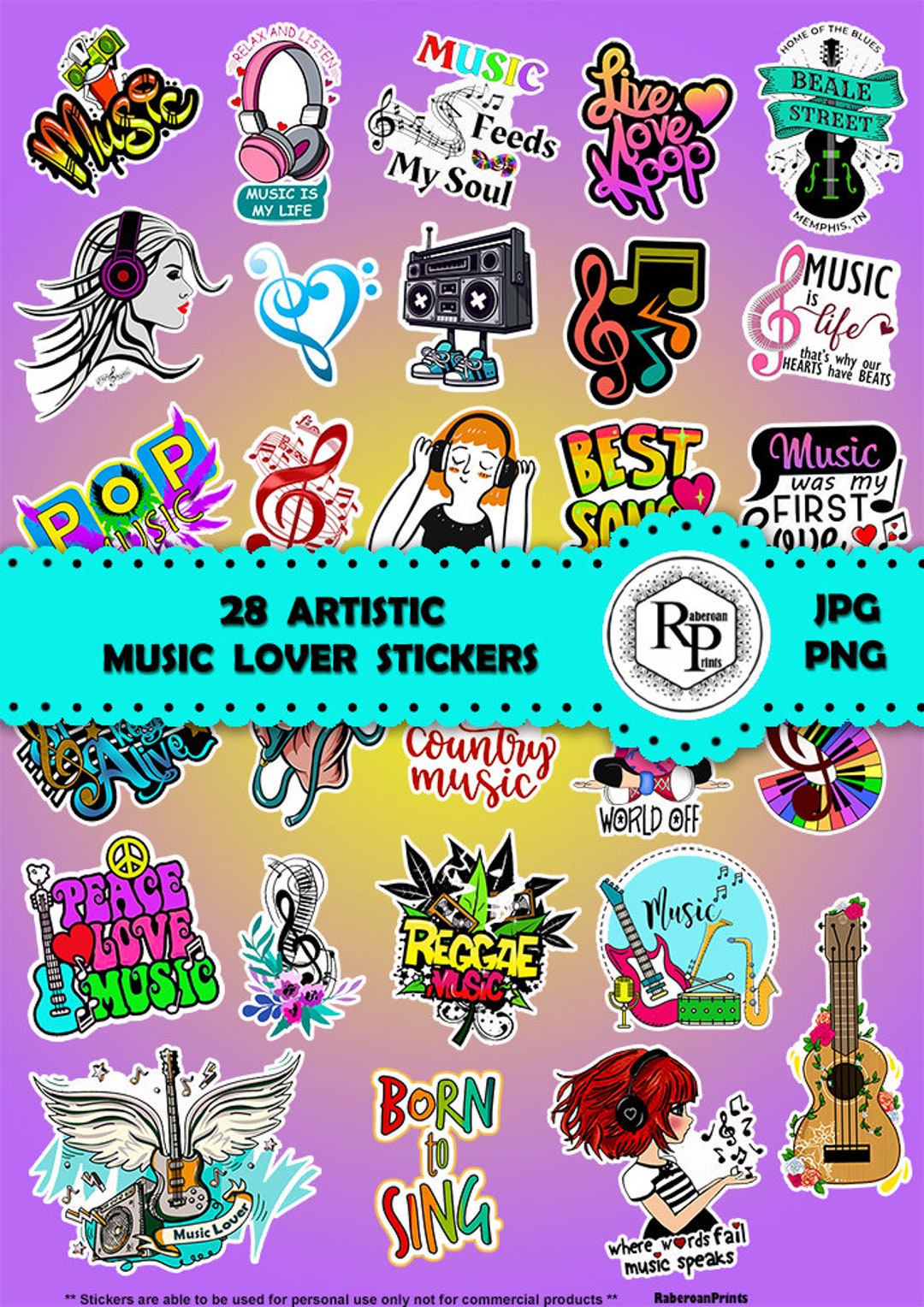 Music Lover Collection ONE (1) Stickers Sheet, PNG,JPF & Gift Box ...