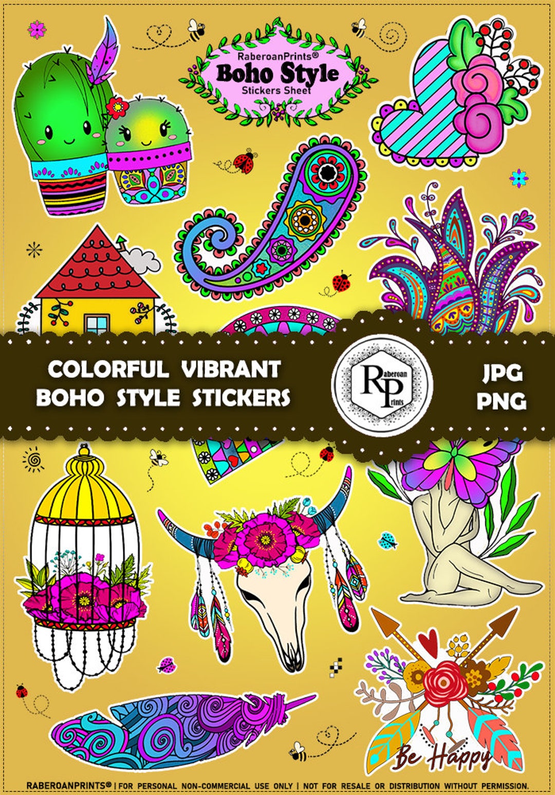 Colorful Boho Style ONE 1 Stickers Sheet, Print & Cut PNG, JPF Plus ...
