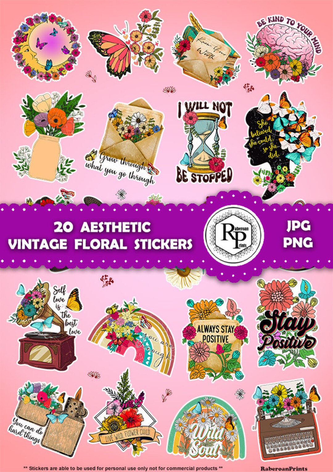 Bestseller Colorful Aesthetic Vintage Floral ONE 1 Stickers Template ...