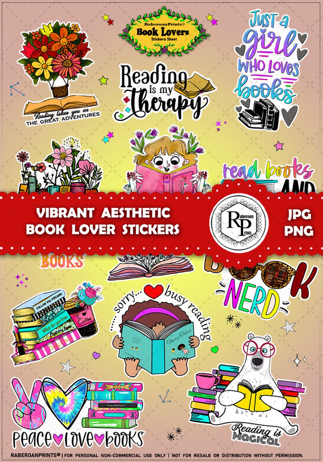 Bestseller*** Colorful Aesthetic Book Lover ONE (1) Stickers Sheet, PNG ...